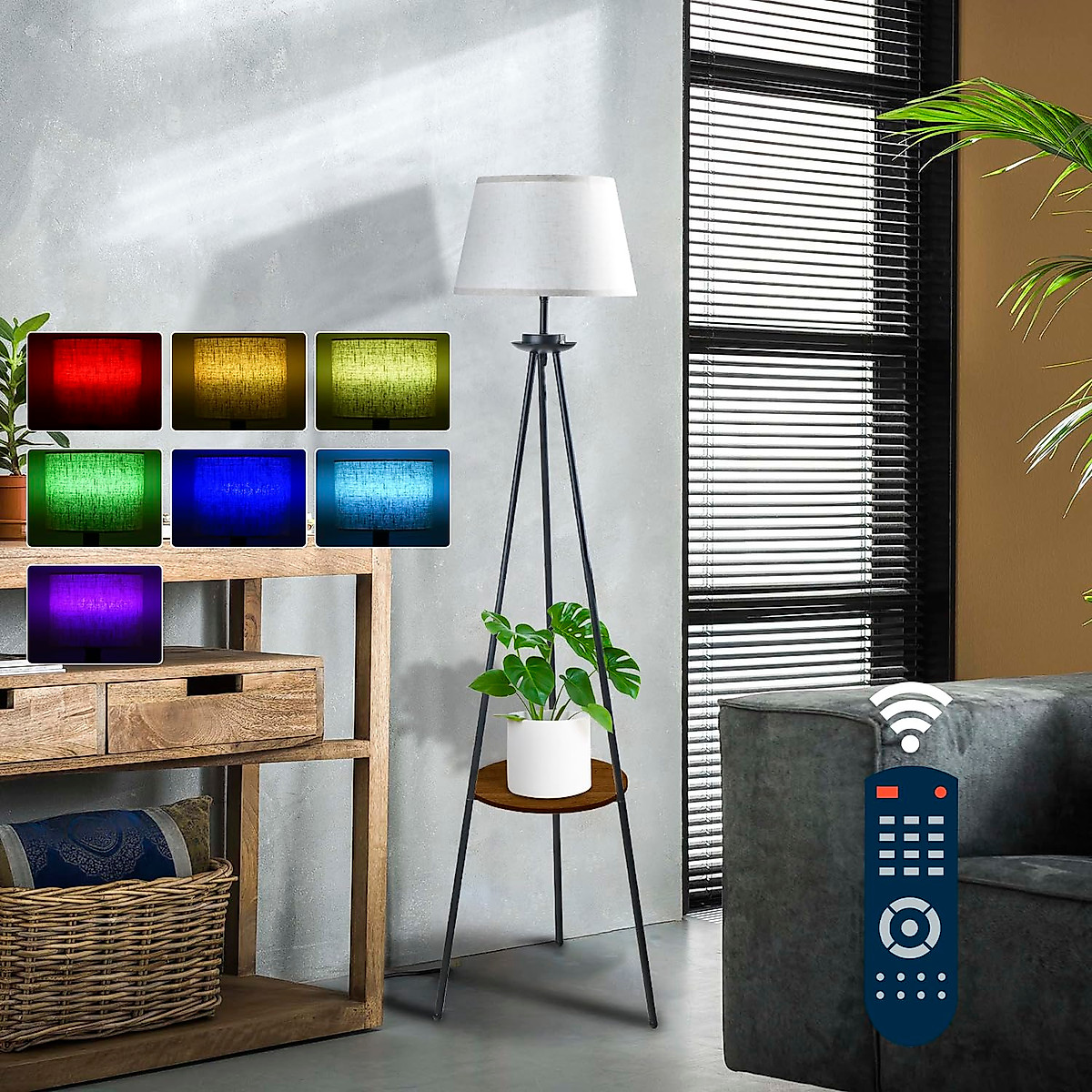 ELINKUME Modern Floor Lamp with Shelves, Dimmable Tripod Floor Lamp with E26 RGB Bulb, Remote & WiFi APP Control, Perfect for Reading and Storage Need in Living Room, Bedroom, and Office