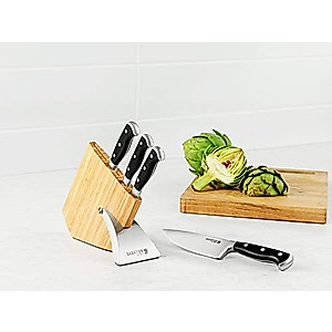 Sabatier Slim-Style Forged Japanese Stainless Steel Triple Rivet 5-Piece Prep Knife Set with Bamboo Storage Block - Expert Blade Retention & Precision Results