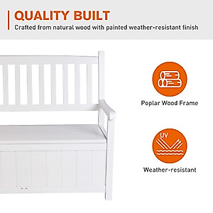 Outdoor Storage Bench Loveseat Deck Box Bench with Arm Back Patio Furniture 2-Seat Container Solid Wood for Garden Tools & Pool Toys Deck Storage Bench for Patio Garden Storage Porch White 450lbs