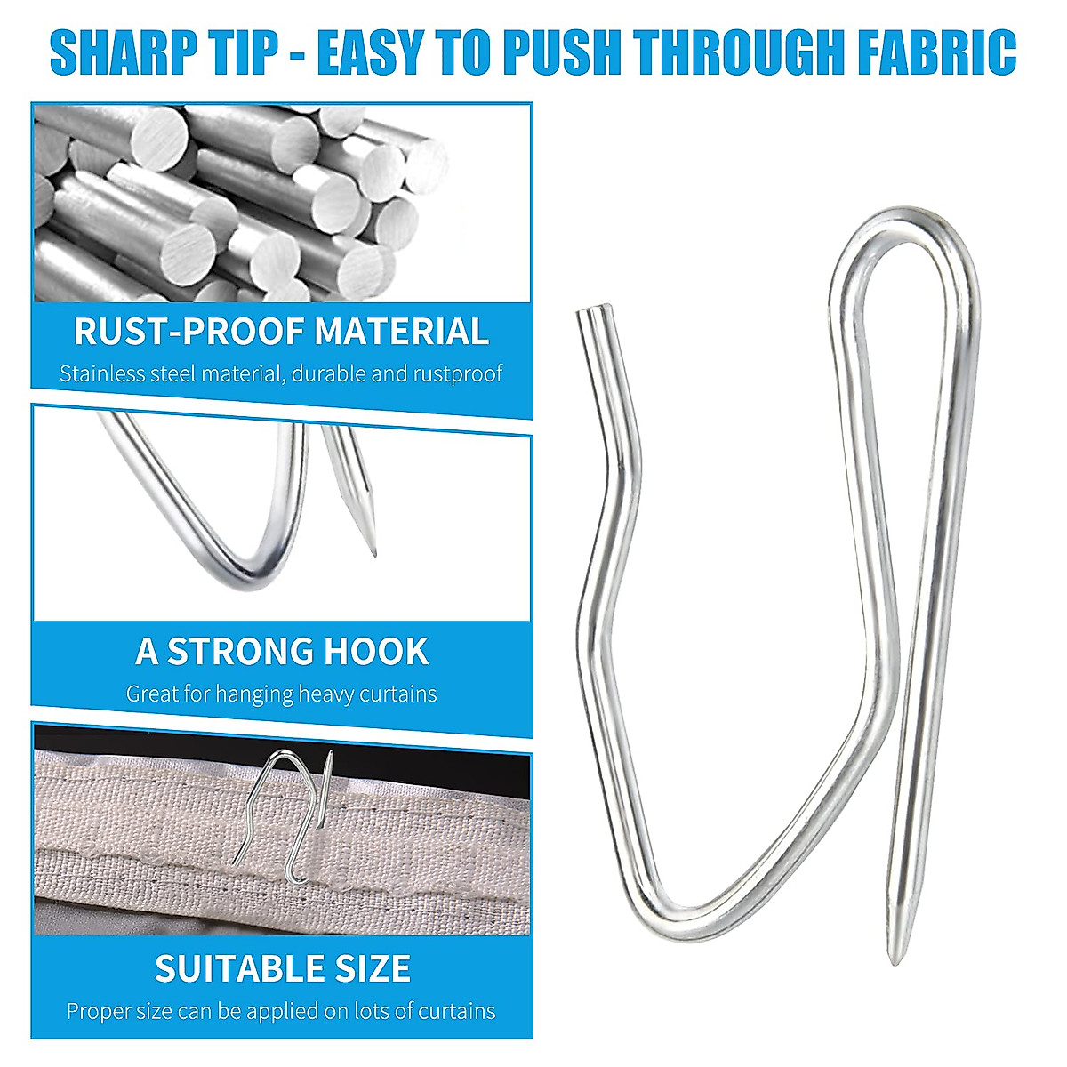 Metal Curtain Hooks, 58PCS Drapery Hook Pins 1.2 Inch Stainless Steel Pin-on Hooks for Window Curtain, Shower Curtain, Door Curtain, Silver