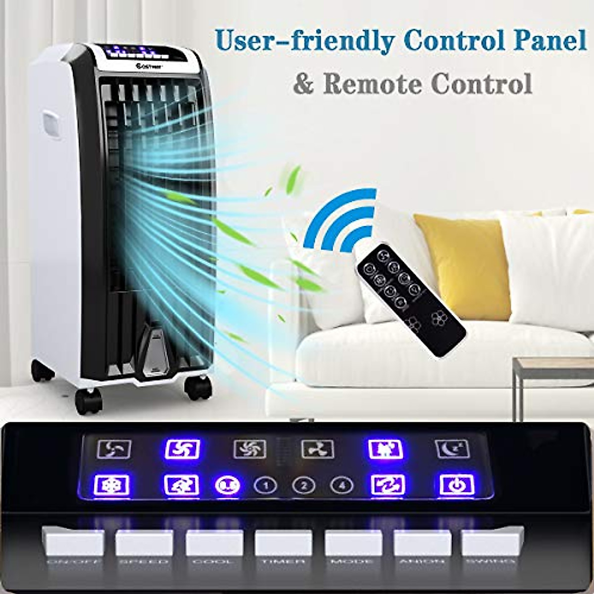 COSTWAY Evaporative Cooler, 4-in-1 Cooling, Fan, Humidifier and Anion, with 3 Wind Modes, 3 Speeds, 7.5H Timer, Portable air cooler with Remote, Built-in Handle, 4 Wheels for Home, Office