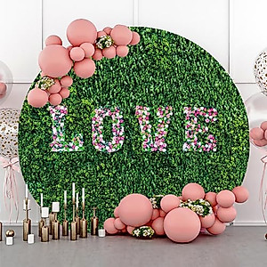 AWERT Polyester Diameter 5ft Round Green Leaf Wall Backdrop with Love Font Wedding Ceremony Bridal Shower Valentine's Day Mother's Day Photography Background Baby Shower Decoration Supplies