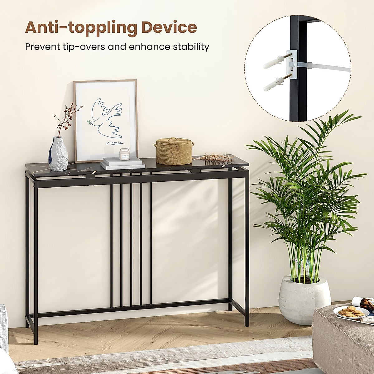 GOFLAME Narrow Console Table, 47” Sofa Tables Narrow Long with Faux Marble Tabletop & Metal Frame, Behind Couch Table, Entryway Table, Modern Foyer Tables for Entryway, Living Room, Black