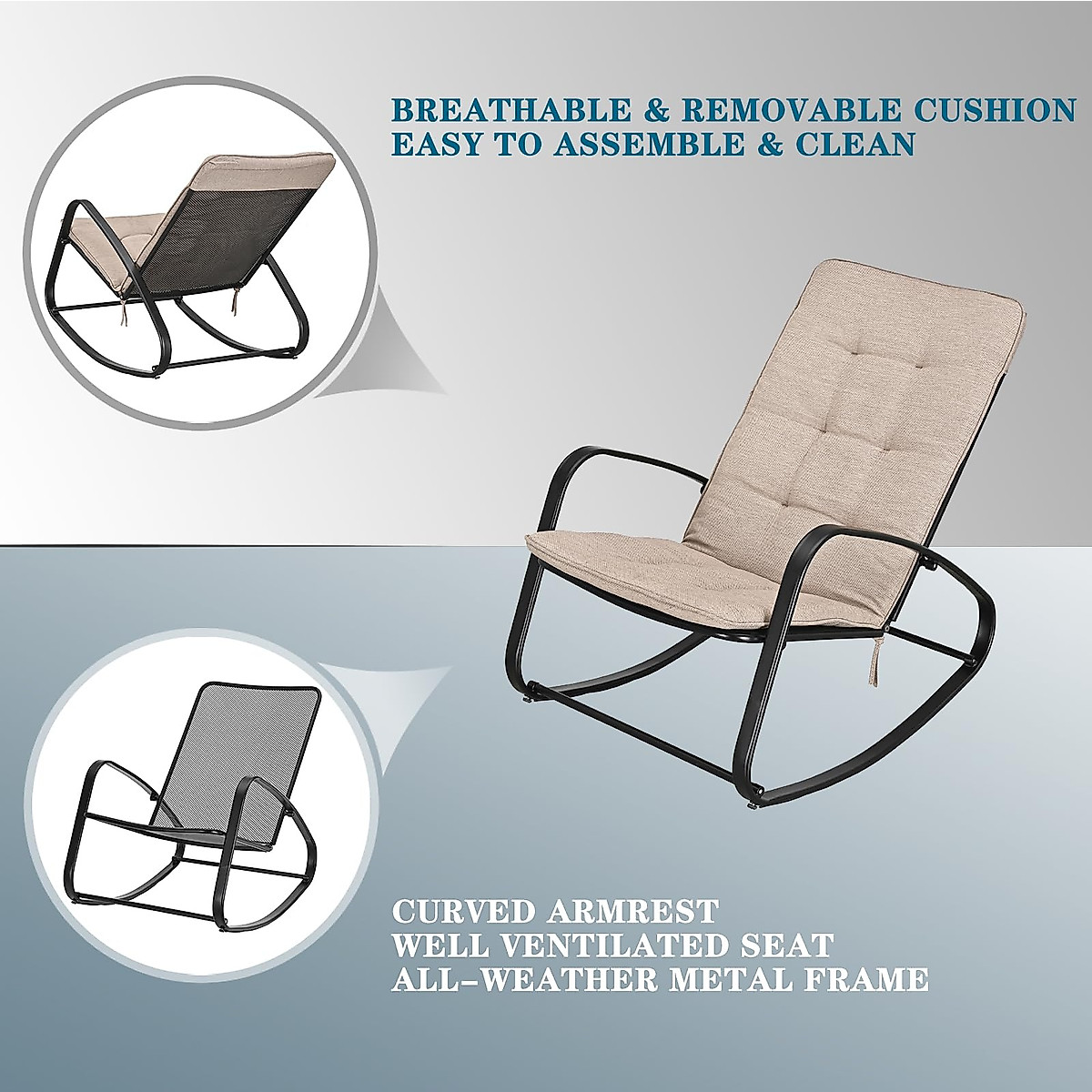 Festival Depot Patio Upholstered Rocking Chair Lounge Chairs Living Room Sofa Glider Rocker Chair w/Metal Frame Removable Cushion High Back Widened Seat Best Comfy Modern Portable