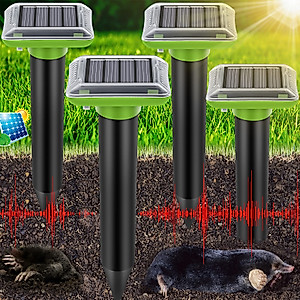 4Pcs Mole Repellent,Solar Ultrasonic Pest Repeller Stakes,Outdoor Animal Gopher Deterrent Spikes for Groundhog, Moles,Vole,Snakes, Waterproof Rodent Chaser Stakes Snake Repeller for Lawn Garden Yard