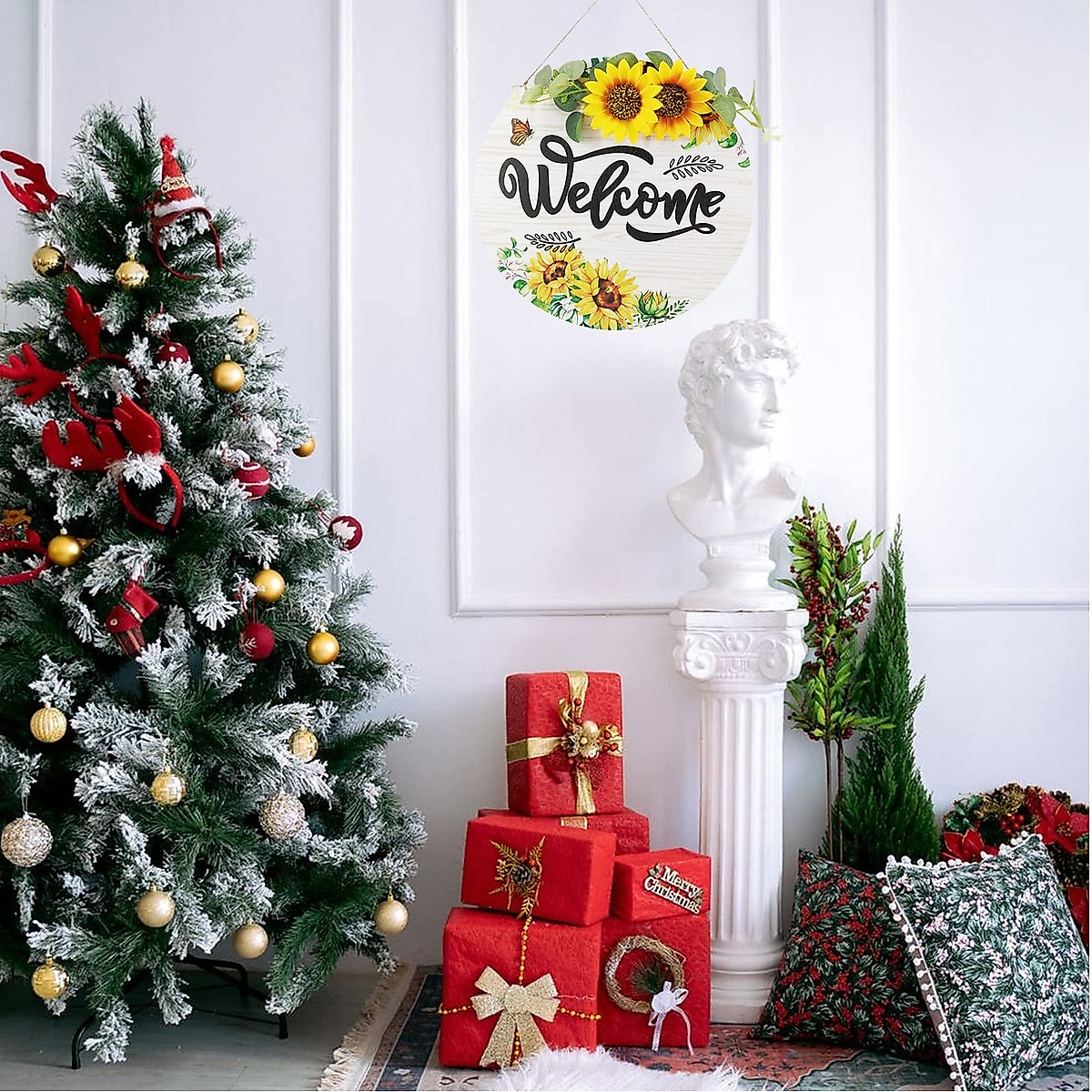 Autonomier Sunflower Welcome Sign for Front Door 12 Inch Sunflower Front Porch Decor Farmhouse Rustic Round Wooden Hanging Sign with Artificial Sunflower and Eucalyptus Leaves for Home Garden (White)