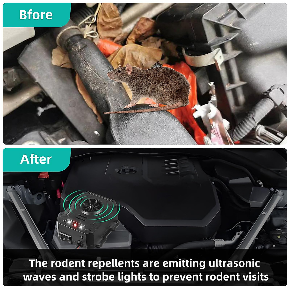 2024 Upgraded Car Mouse Repellent Under Hood Mouse Repellent for Cars with Ultrasonic Strobe Light to Scare Away Rodent Squirrel Repellent for CarEngine Truck RV Warehouse Vehicle Protection(2 Pack)