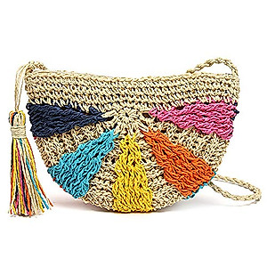 QTKJ Boho Women's Summer Beach Colorful Straw Crochet Zipper Crossbody Bag Handwoven Shoulder Bag Purse with Colorful Tassels Decorate