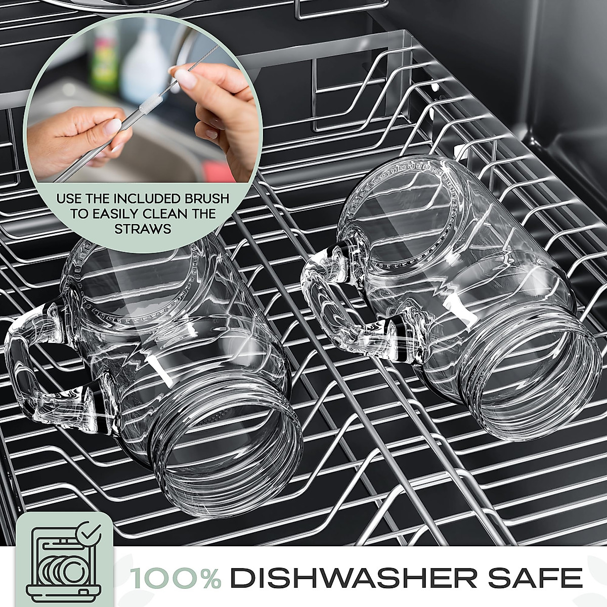 Sips Jar Club 20oz Mason Jar Mug Set of 4 with Handles, Lids, Straws & Cleaning Brush - Overnight Oats & Iced Coffee Cups