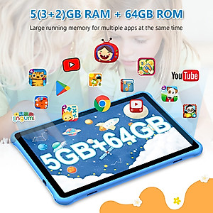 Blackview Kids Tablet Android 12 Tablet Tab A7 Kids 10.1 inch Tablets 64GB ROM 1TB Expand 6580mAh Toddler Tablet Bluetooth IPS HD+ Display Parental Control Educational Games Blue