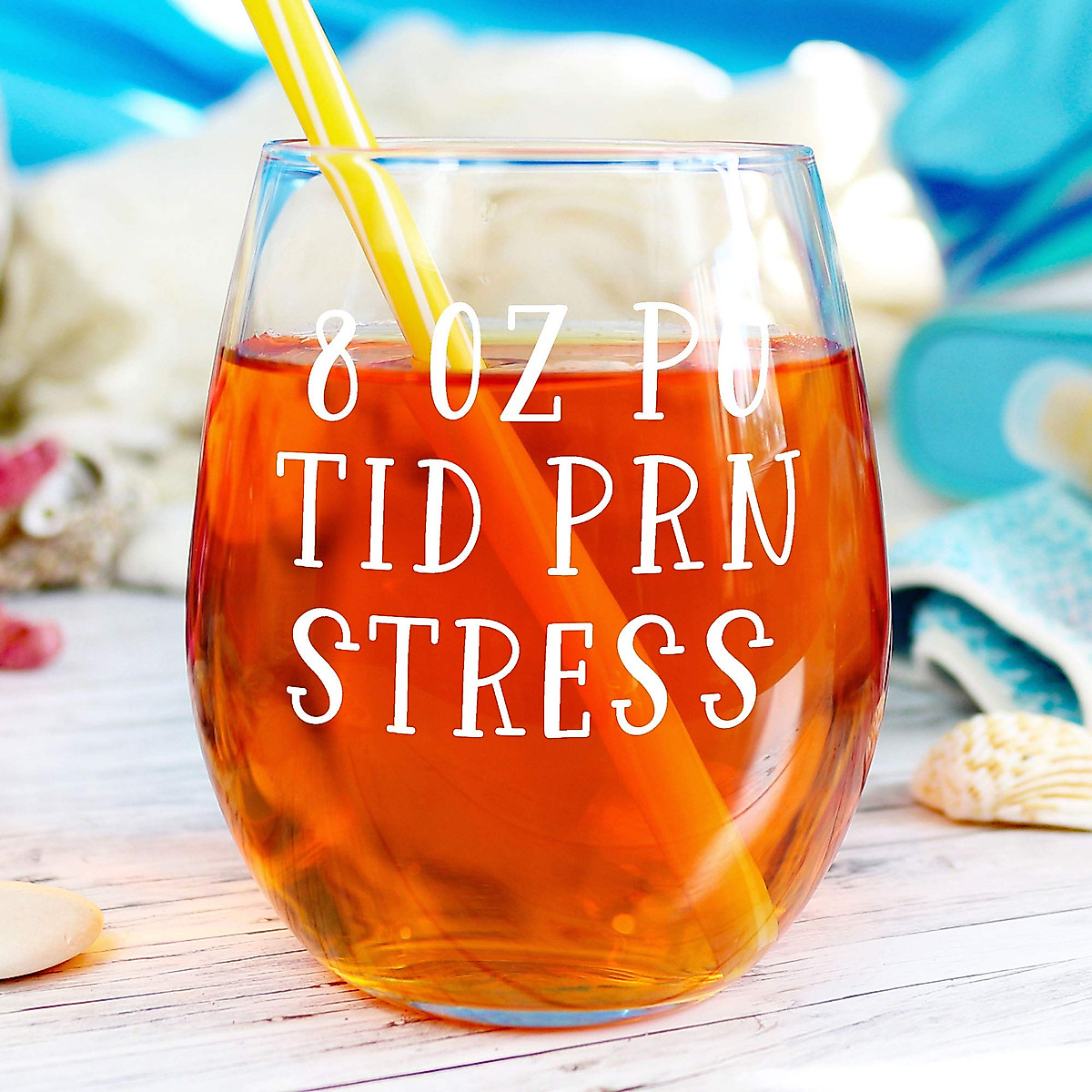 YouNique Designs 8oz PO TID PRN Stress Wine Glass, 15 Ounces, RN Stemless Wine Glasses for Nurse Wine Glass