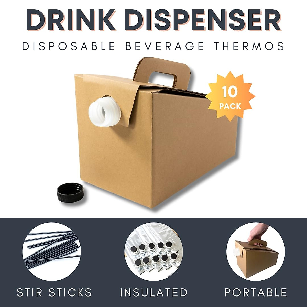 Rimcrow Disposable Coffee To Go Container for Catering Hot or Cold Beverages; 10 Portable and Insulated 96 oz Carafe; Cardboard Coffee Box with Handle; Includes 100 Pack Plastic Stir Sticks