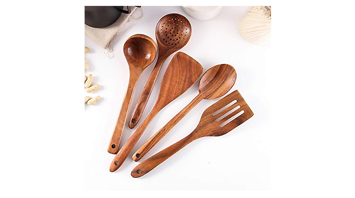 Wooden Kitchen Utensils Set of 6 - Natural Teak Spoon & Spatula for ...