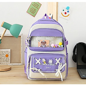 DUOBAOYU 5PCS Kawaii Backpack Set with Cute Pendants and Pins Accessories Aesthetic Rucksack for Teen Girls 17in Cute School Bags Bookbag with Shoulder Bag,Pencil Box,Tote Bag,Small Bag,Purple