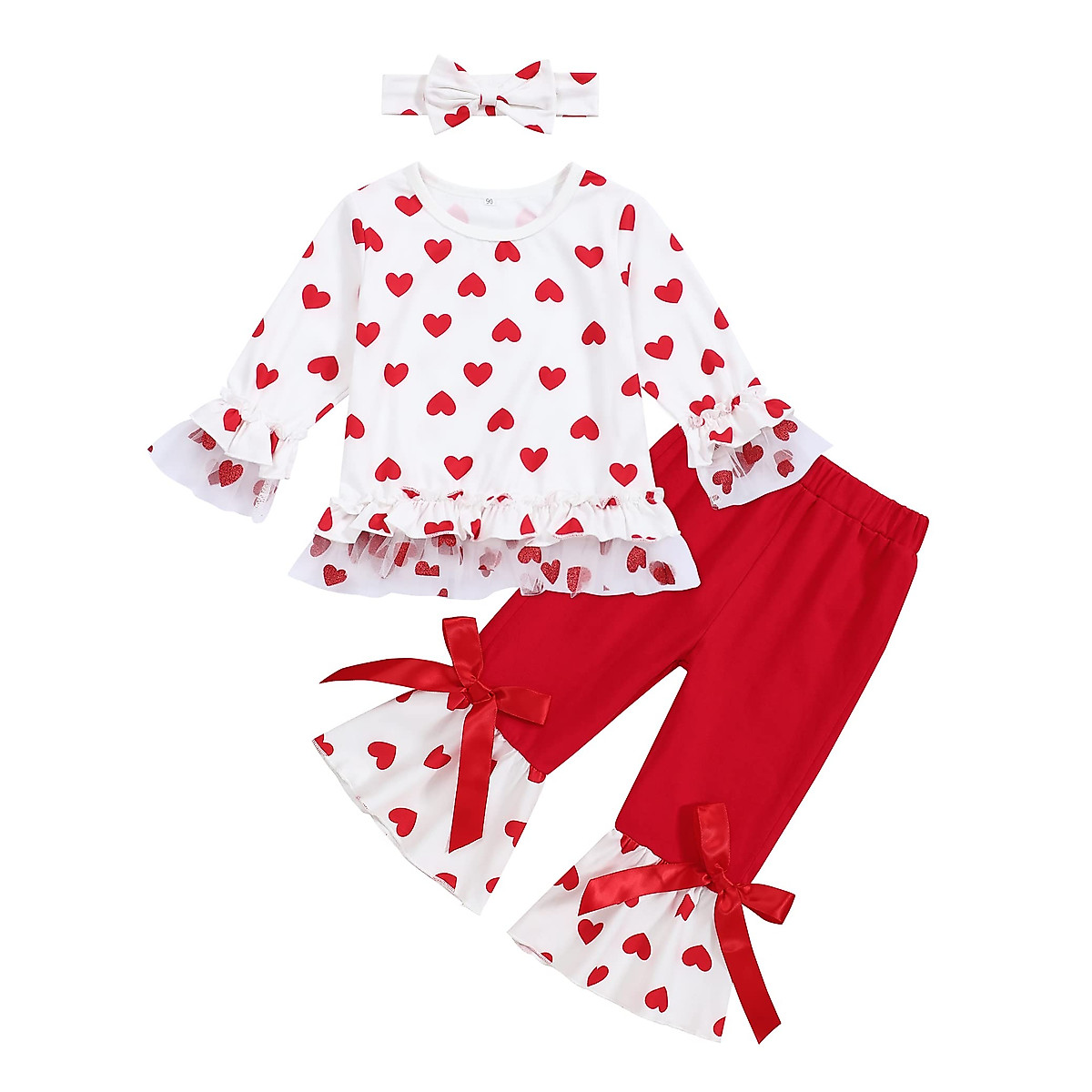 Toddler Baby Girl Valentine's Day Outfit Long Sleeve Ruffle Heart Printed Top Bell Bottom Pants Headband 3Pcs Set