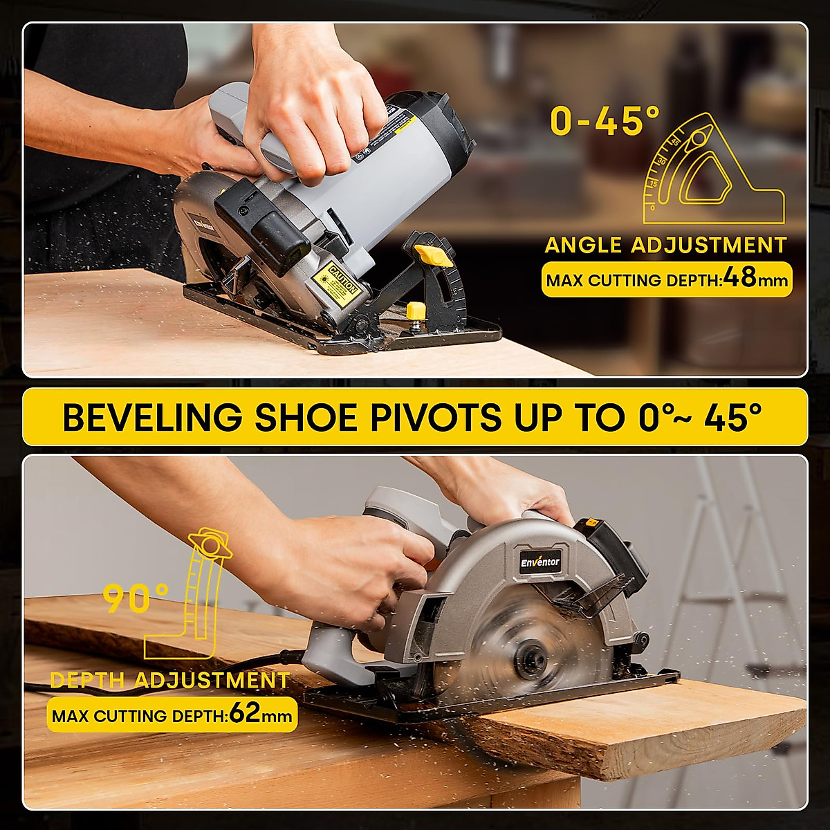 ENVENTOR Circular Saw Corded, 11A Electric Circular Saws 7-1/4-Inch with Laser Guide, 2 Blade Saws (40T/24T), Max Cutting Depth 2-7/16"(90°), 1-13/16"(0°-45°), Single Handed Bevel, 6000RPM