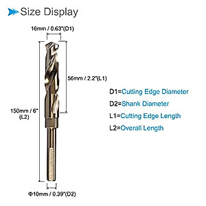 CoCud Reduced Shank Twist Drill Bits, 16mm Cutting Edge, Titanium & Nitride Coated High Speed Steel 6542 - (Applications: for Stainless Steel Drilling Machine)