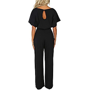 Happy Sailed Women Casual Loose Short Sleeve Belted Wide Leg Pant Romper Jumpsuits Medium Black