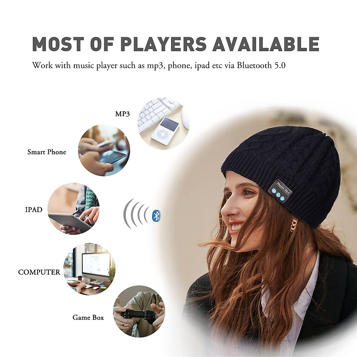 Bluetooth Beanie Hat Unique Gifts for Men Women - Wireless Music Hats Winter Knitted Cap - Unisex Stretchy Daily Hat Built-in Stereo Speakers Microphone, Ideas Gift for Girls Boys Teen Dark Black