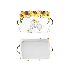 Sunflower Cute Elephant Personalized Storage Bins Custom Baskets Cubes Organizer With Handle for Home Nursery Supplies Clothes Toy 1 Pack