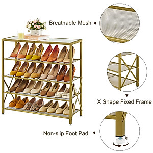Tajsoon 5 Tier Shoe Rack Organizer for 16-20 Pairs of Shoes, Industrial Metal Mesh Shoe Rack for Closet, Entryway Shoe Storage, Shoe Shelf with X Shape Fixed Frame, White & Gold