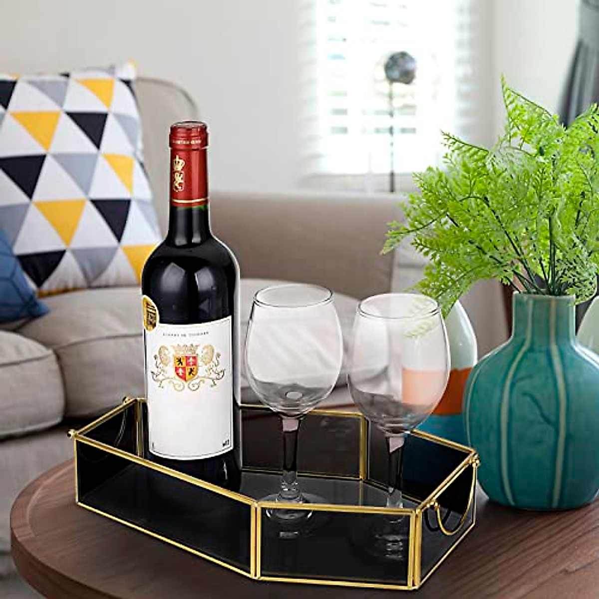 ELLDOO Gold Black Glass Coffin Tray, Gothic Home Decor Jewelry Tray, Coffin Shape Serving Tray, Spooky Decorative Tray Candle Tray with Handle for Halloween