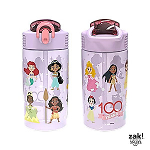 Zak Designs Kids Water Bottle For School or Travel, 16oz 2-Pack Durable Plastic Water Bottle With Straw, Handle, and Leak-Proof, Pop-Up Spout Cover (Disney 100 Princess, Limited Edition)