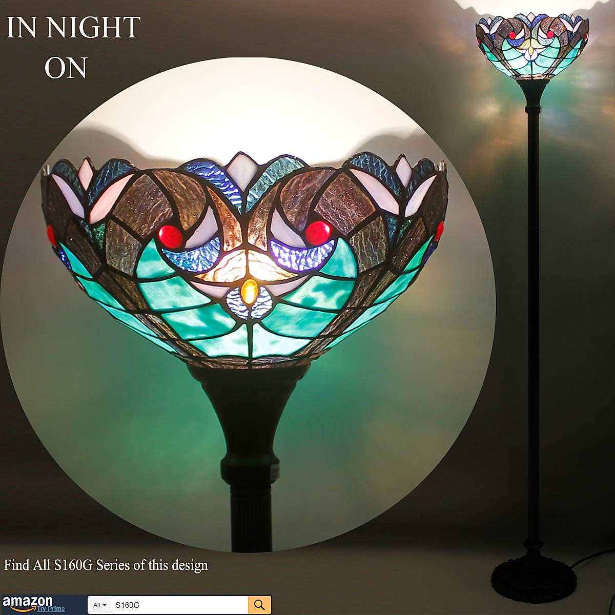 WERFACTORY Tiffany Floor Lamp Green Liaison Stained Glass Light 12X12X66 Inches Pole Torchiere Standing Corner Torch Uplight Decor Bedroom Living Room Home Office S160G Series