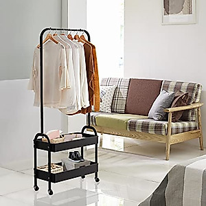 HIDODO Black Clothing Rack, Portable Garment Rack Rolling Clothes Organizer with 2 Tier Metal Baskets, Laundry Cart with Hanging Rack, Small Wardrobe Rack on Wheels for Bedroom, Laundry and Entryway