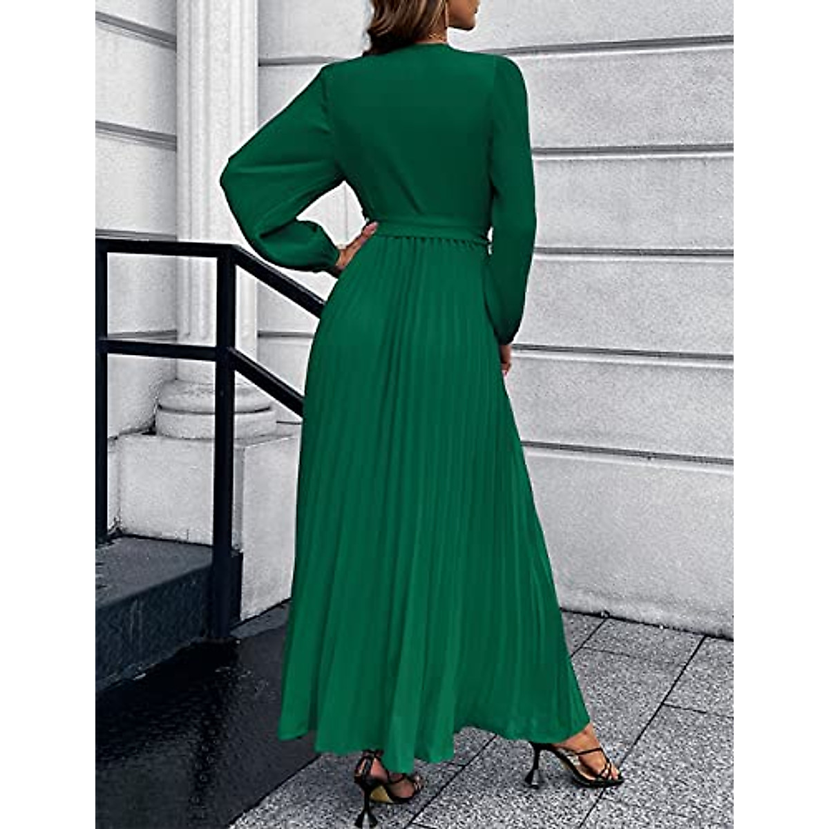 Women's Elegant Wrap V Neck Lantern Sleeve Belted Pleated Flowy Maxi Long Dress Wedding Guest Dress