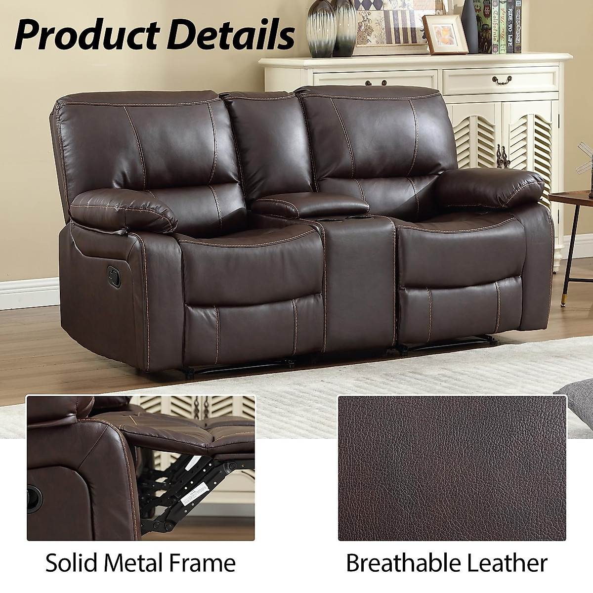 EBELLO Faux Leather Manual Loveseat Recliner, Reclining Couch Sofa with 2 Cup Holders, Hidden Storage, Overstuffed Comfortable Armrest Double Recliner Set for Living Room, Brown (Loveseat)