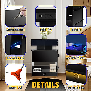 LAINELAND Night Stand Set 2,Nightstand with Charging Station,Induction Light and LED Light,Bedside Table with Drawers,Modern Nightstand End Side Table for Bedroom,Nightstands with Bookshelf,Black