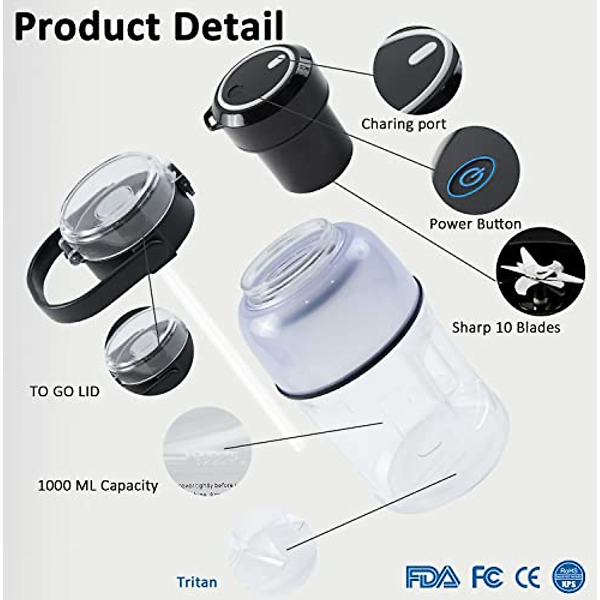 Portable Blender with Handle,32 Oz Portable Blender for Shakes and Smoothies,270 Watt Personal Blender with Rechargeable USB，10 Blades, Tritan BPA-free cup, Smoothie Blender for Home,Travel, Sports (Black)