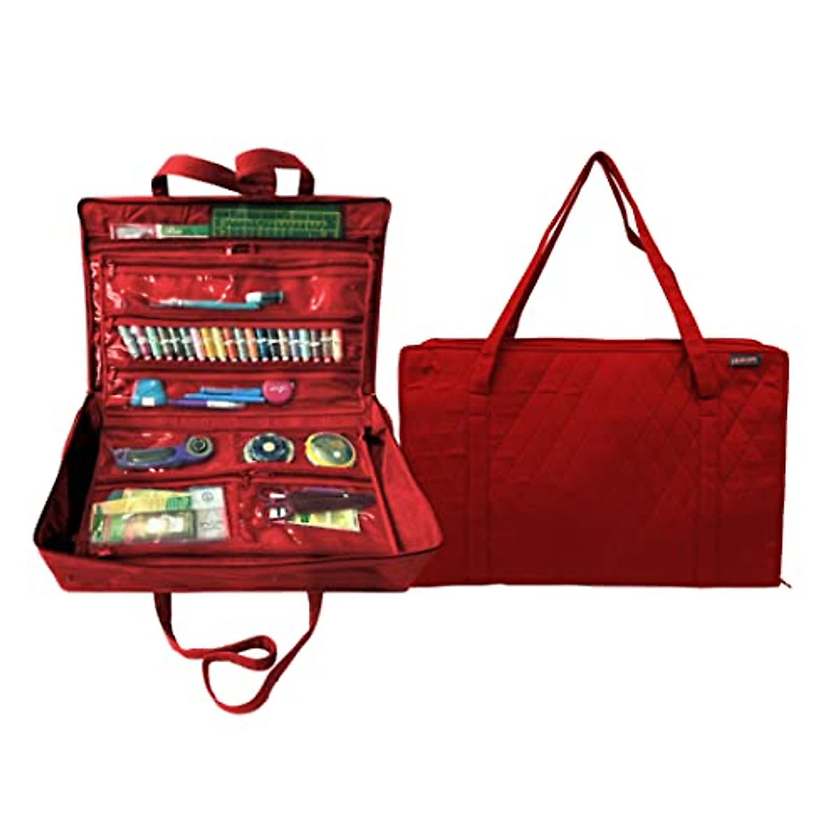Yazzii Carry All Organizer Tote – Ultimate Craft Storage Bag with 20 pockets for Quilting Supplies, Sewing Notions, Embroidery & More - Red