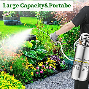 Kweetle 1.5Gal Stainless Steel Pump Up Sprayer Reinforced Hose, Hand Pump Sprayer with Pressure Gauge&Safety Valve, Adjustable Nozzle Suitable for Gardening (1.5 Gallon)