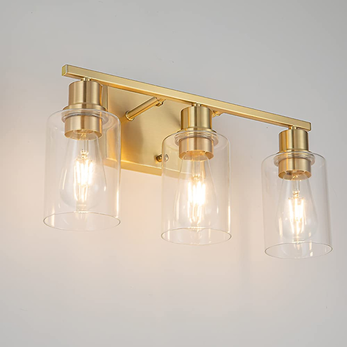 EMONG Gold Bathroom Light Fixtures, 3-Lights Vanity Light with Clear Glass Shade, Brushed Brass Wall Sconce for Hallway, Farmhouse, Living Room