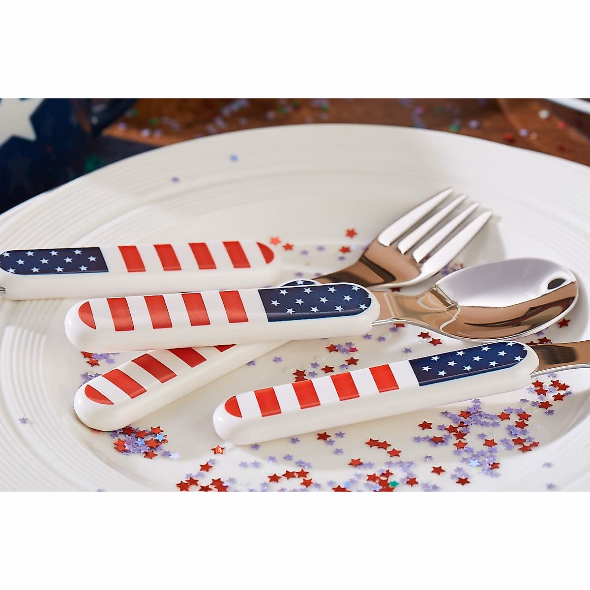 Annova Kids Silverware 6 Pieces Stainless Steel Children's Flatware Set 3 x Forks, 3 x Dinner Spoon Plastic Handle, Toddler Utensils Without Knives, for Babies, Infants BPA Free (US Flag)