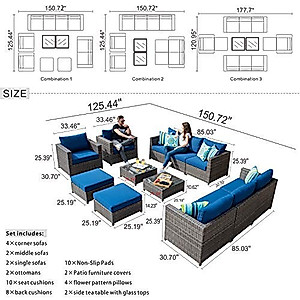 ovios Patio Furniture Set, 12 PCS Big Size Outdoor Furniture Set All Weather Rattan Wicker Sofa Sectional Set with Glass Table, Garden, Backyard, No Assembly Required (Navy Blue-Grey)