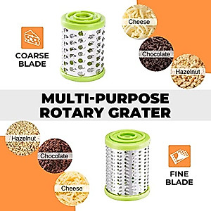 KucheCraft Cheese Grater with Handle, Kitchen Parmesan Cheese Grater with 2 Stainless Steel Drums, Rotary Cheese Grater Handheld for Grating and Shredding Hard Cheese, Chocolate, Nuts