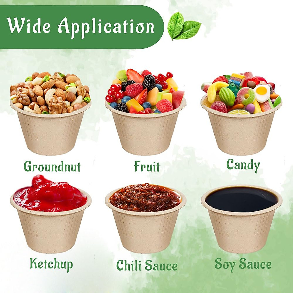 FUYCIEUM 150 Pieces Bagasse Fiber Souffle Cups with Lids, 4 Oz Biodegradable Sample Cups, Compostable Portion Cups for Condiment, Dips, Jams, Tomato Sauce, Snack, Honey, Nuts, Butter, Biscuits