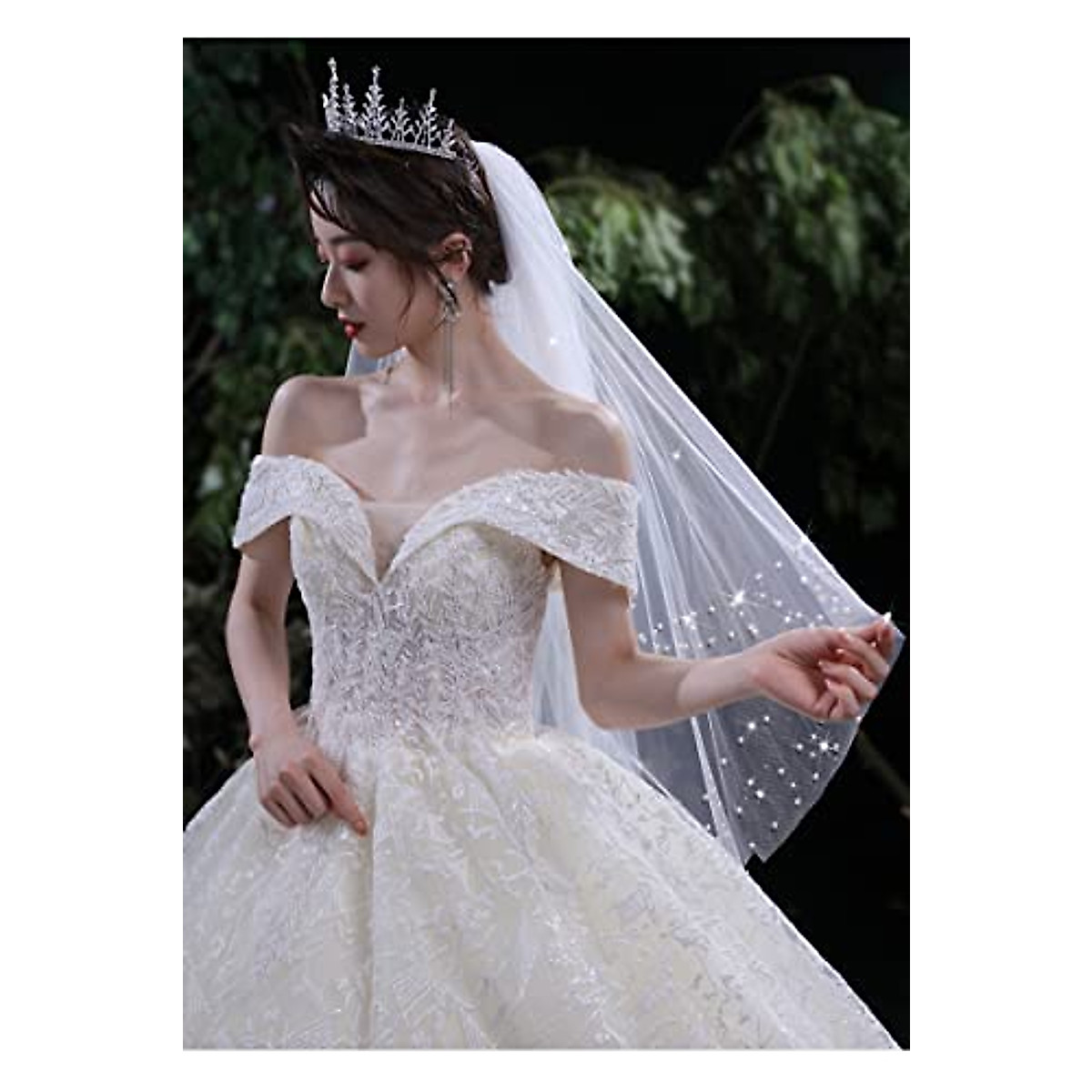 AMAJIERUIZE Women's Short 2 Tier Pearls Wedding Bridal Veil With Metal Comb (Ivory)