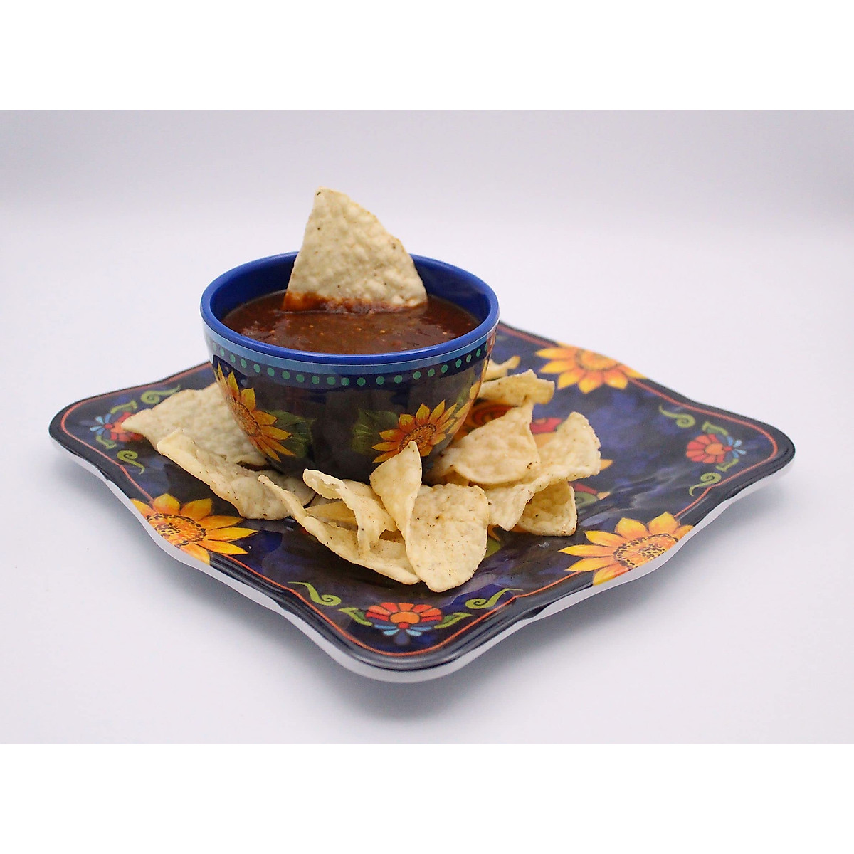 Chips and Salsa Chip Dip Bowl Set - Spanish 2 Piece Small Bowl Set Painted Blue Dishes with Sunflowers - Serving Bowls for Party and Fiestas (2)