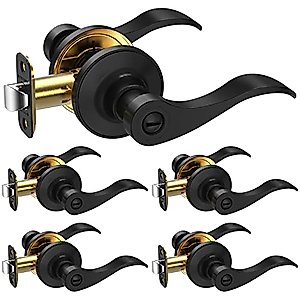 TICONN Black Door Handle, Traditional Wave Style Matte Black Reversible Door Lever for Interior Doors and Closet (Privacy Lock, 5-Pack)