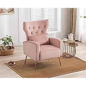 Kmax Velvet Accent Chair Mid-Century Tufted Arm Chair Gold Legs Pillow Wingback Chair for Bedroom Living Room Vanity Reading, Pink, Set of 2