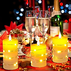 Won't Melt Flameless Candles,with Starry String Lights, Waterproof，Outdoor Indoor Battery Operated LED Candles with Remote Timers, Moving Flame, Ivory Paraffin Plating Plastic, Set of 3