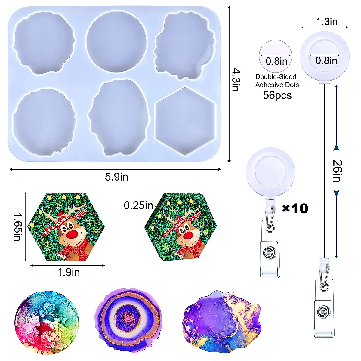 BABORUI Badge Reels Resin Molds Silicone, 6 Cavities Silicone On Top Retractable Badge Reels Molds with 10 Pcs Retractable Badge Holders, 6 Shapes Epoxy Casting Molds for DIY Name ID Badge Holders