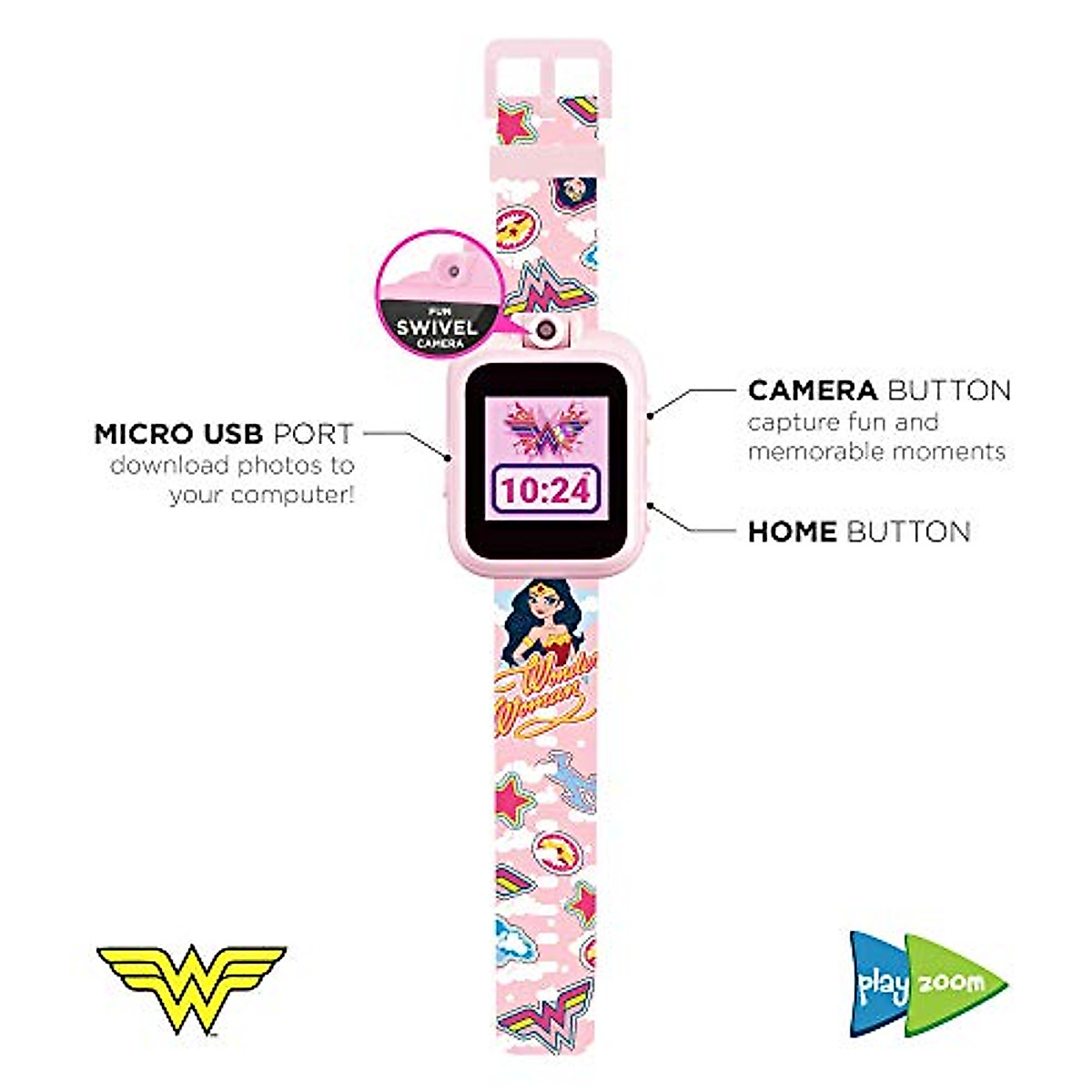 Wonder Woman PlayZoom Kids Smartwatch - Video and Camera Selfies Music Learning Educational Fun Interactive Games Touch Screen Sport Digital Watch Birthday Gift for Kids Toddlers Boys Girls Fun Prints