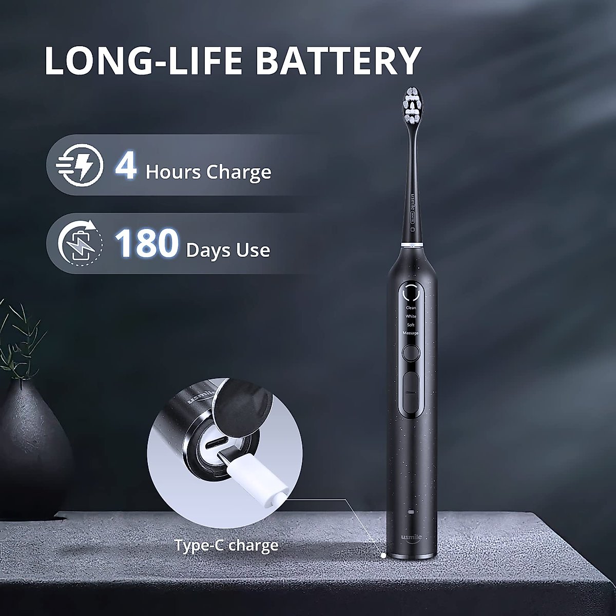 usmile Electric Toothbrush, Sonic Electric Toothbrush with Smart 3D Display, 4 Modes and 3 Intensities, Built-in Timer, U3 Black
