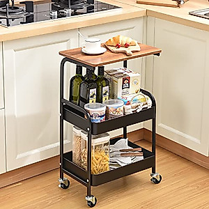 TOOLF Utility Cart with Wooden Table Top, 3-Tier Metal Storage Cart, Black Trolley Kitchen Organizer Rolling Desk with Locking Wheels for Office, Classroom, Home