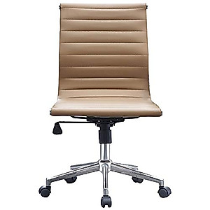 2xhome - Mid Back Height Modern Office Chair, Armless Ribbed PU Leather Seat with Swivel Tilt Adjustable Chrome Base - Executive Conference Room Task Chair (Tan)